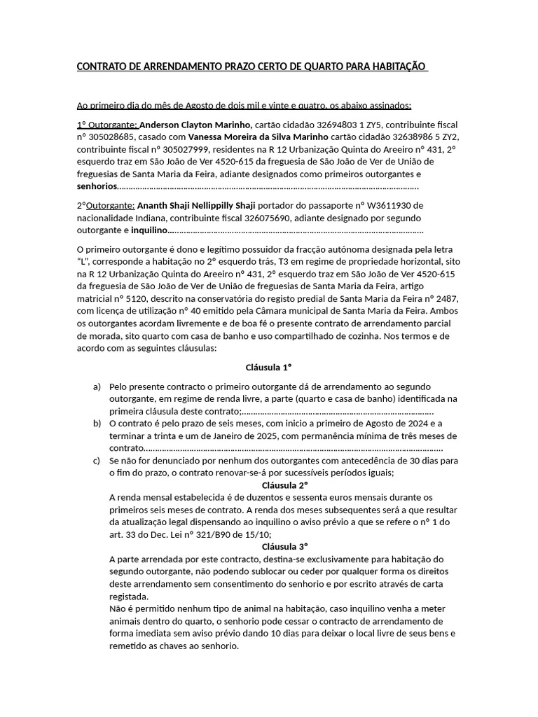 Contrato de Arrendamento de Quarto | PDF | Proprietário | Leasing