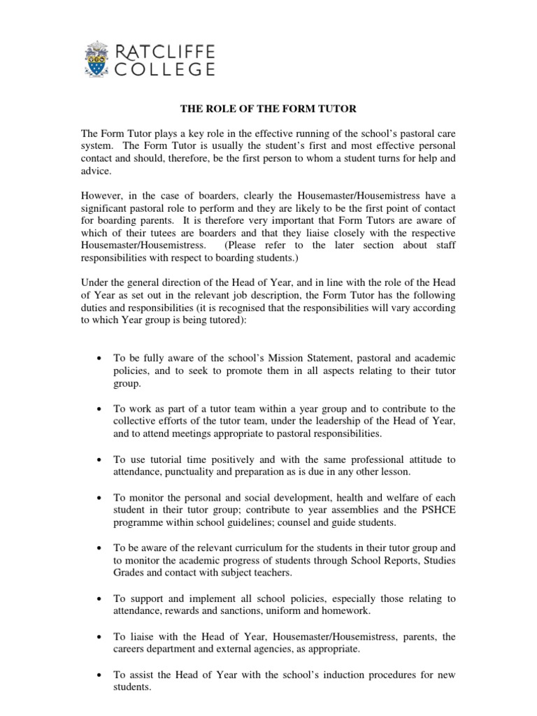 The Role of The Form Tutor 2010 | PDF | Boarding School | Tutor