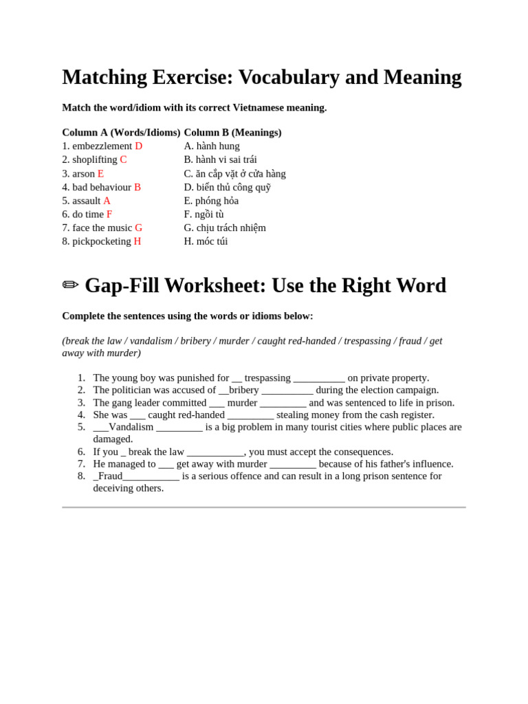 Vocab Worksheet 2 - Bad Behavior and Crimes | PDF