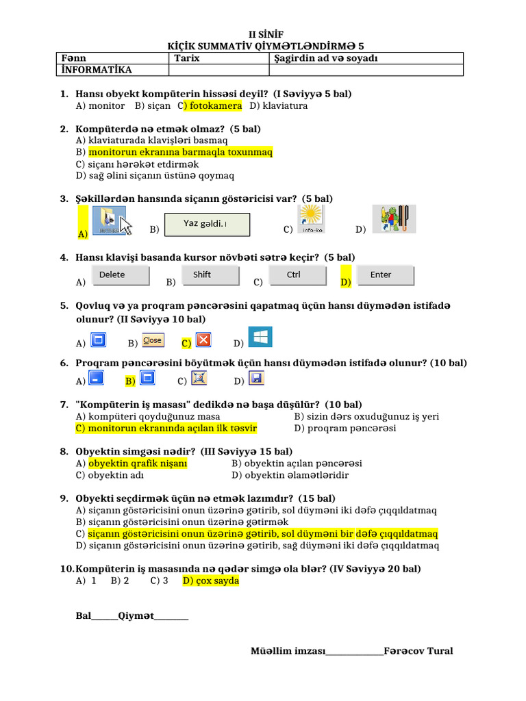BÜTÜN SİNİFLƏR İNFORMATİKA KSQ-5 CAVABLARI | PDF