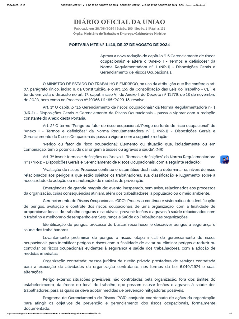 PORTARIA MTE #1.419, DE 27 DE AGOSTO DE 2024 - PORTARIA MTE #1.419, DE 27 DE AGOSTO DE 2024 ...
