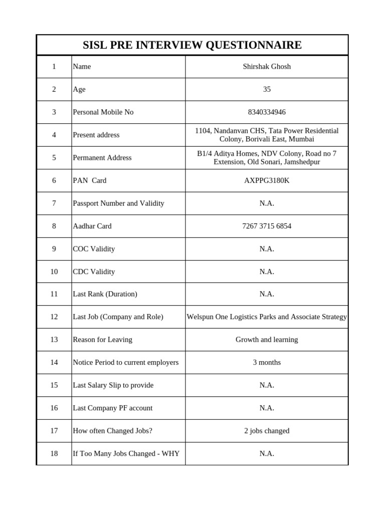 Pre Interview Questionnaire | PDF