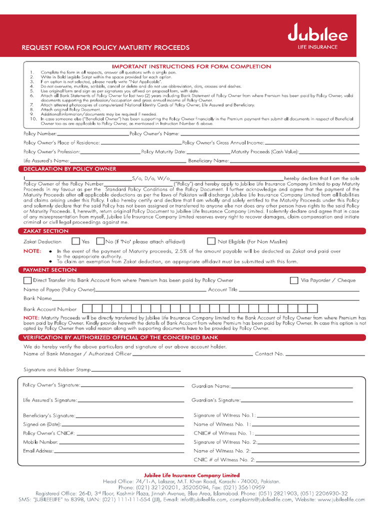 Request Form For Policy Maturity English | PDF