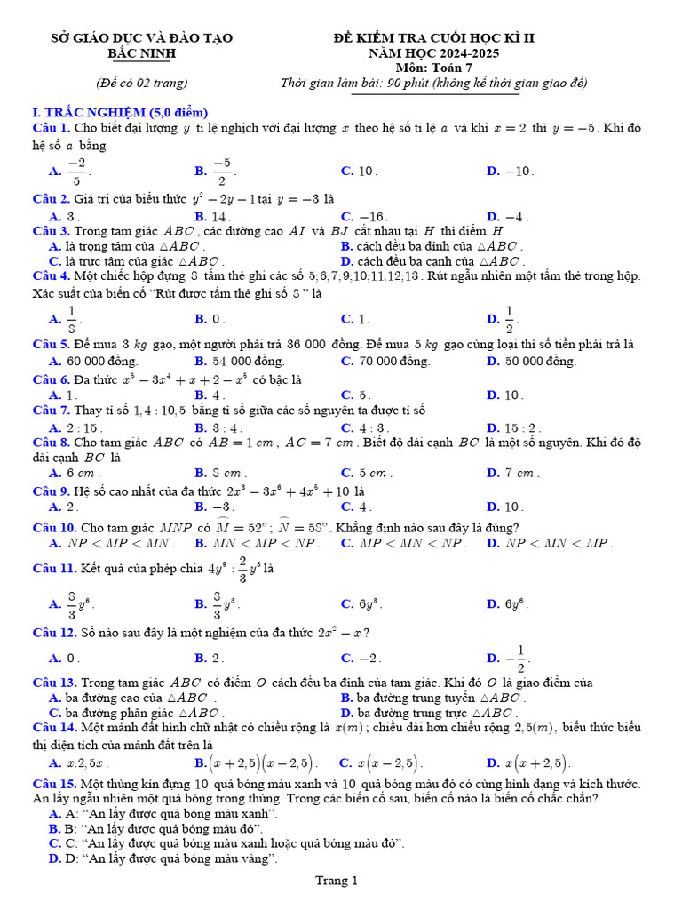 De Kiem Tra Cuoi Hoc Ki 2 Toan 7 Nam 2024 2025 So GDDT Bac Ninh | PDF