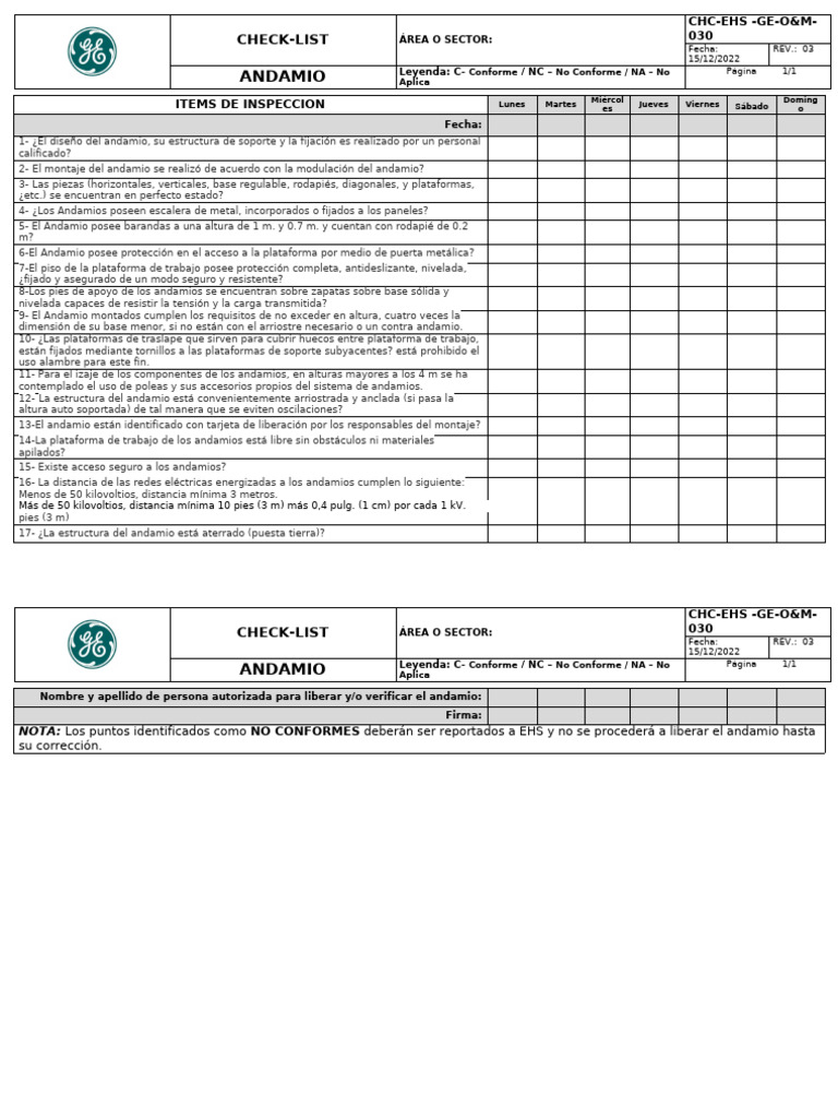CHC EHS GE O&M 030 Check List de Andamio_Rev.03 | PDF | Andamio