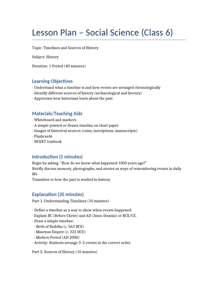 Class 6 SST Lesson Plan Timelines Sources | PDF