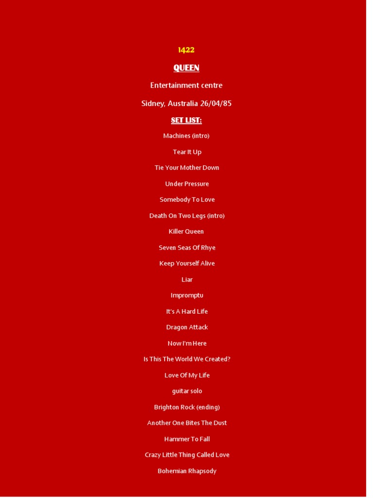 Queen Concert Setlist - Sydney 1985 | PDF