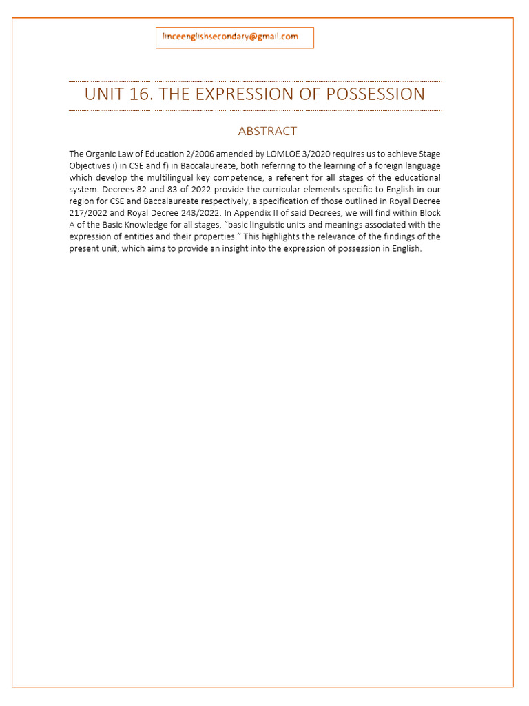 Unit 16 Expression of Possession 2025 | PDF | Pronoun | Grammatical Gender