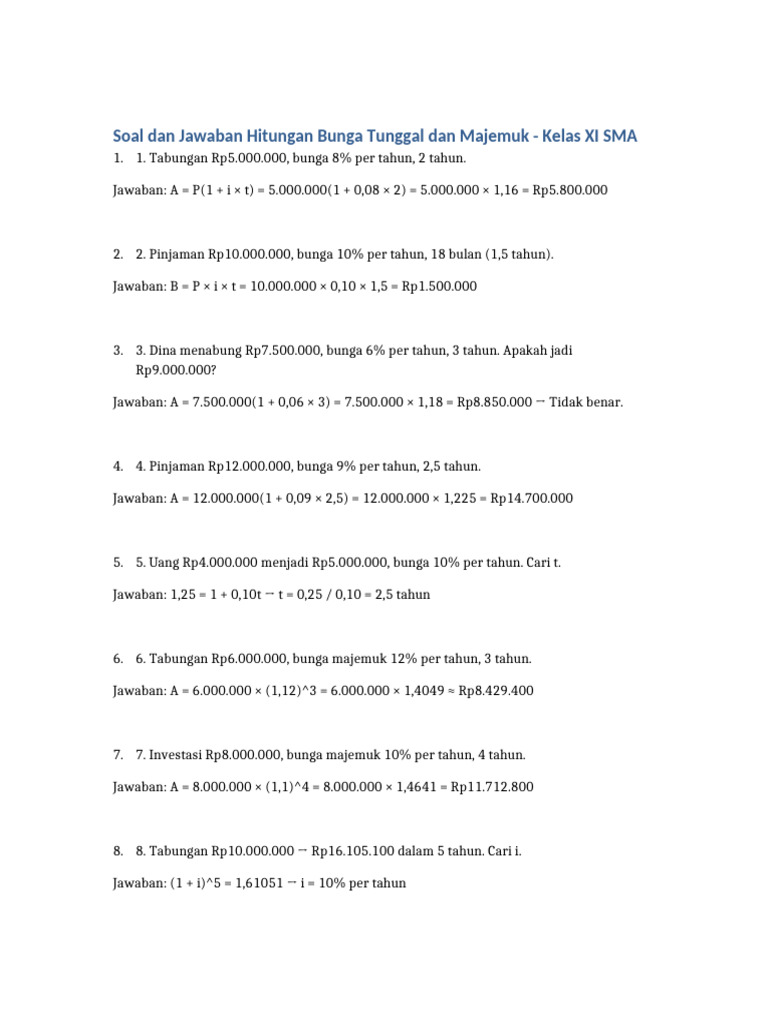 Soal Bunga Tunggal Majemuk Kelas XI | PDF