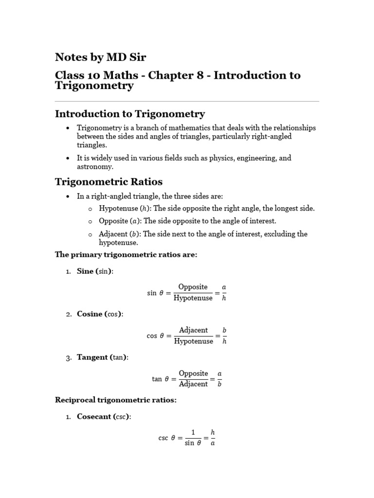 Class 10 Maths CH 8 Introduction To Trigonometry Notes With PYQS | PDF ...