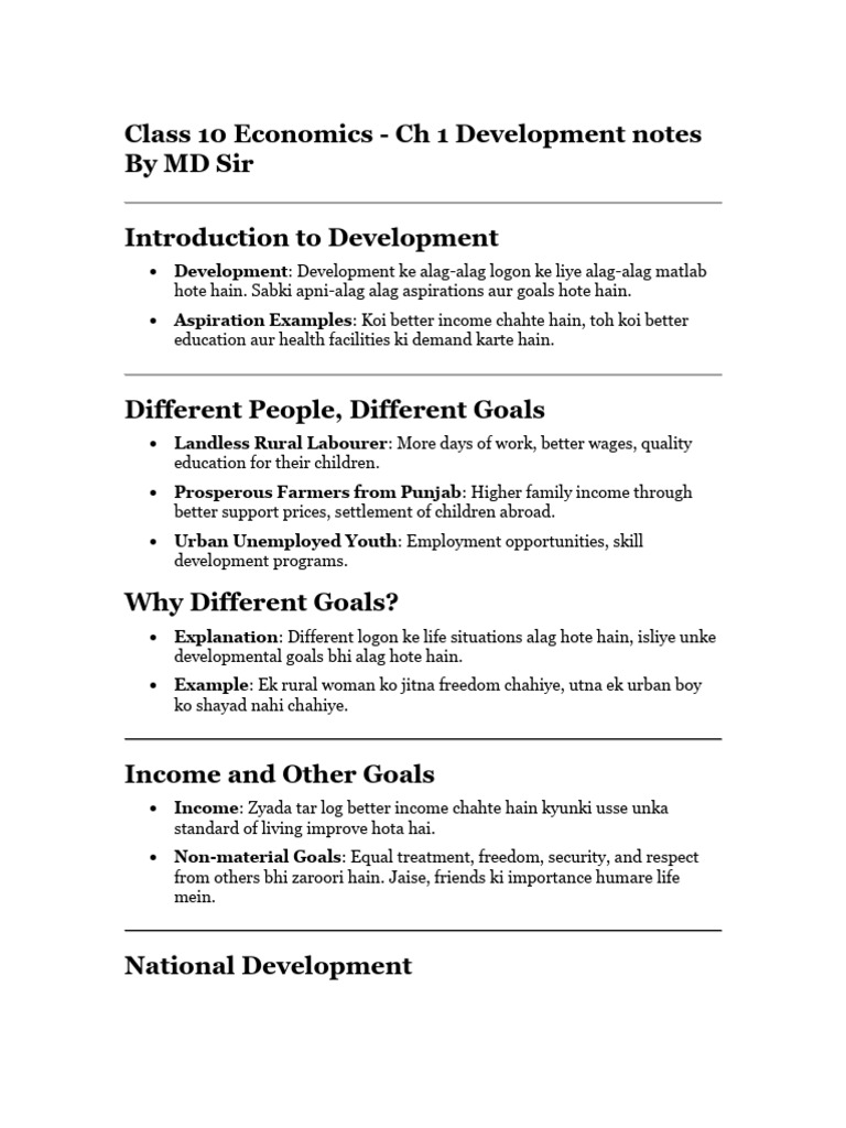 Class 10 Economics CH 1 Development Notes With PYQs by MD Sir | PDF ...