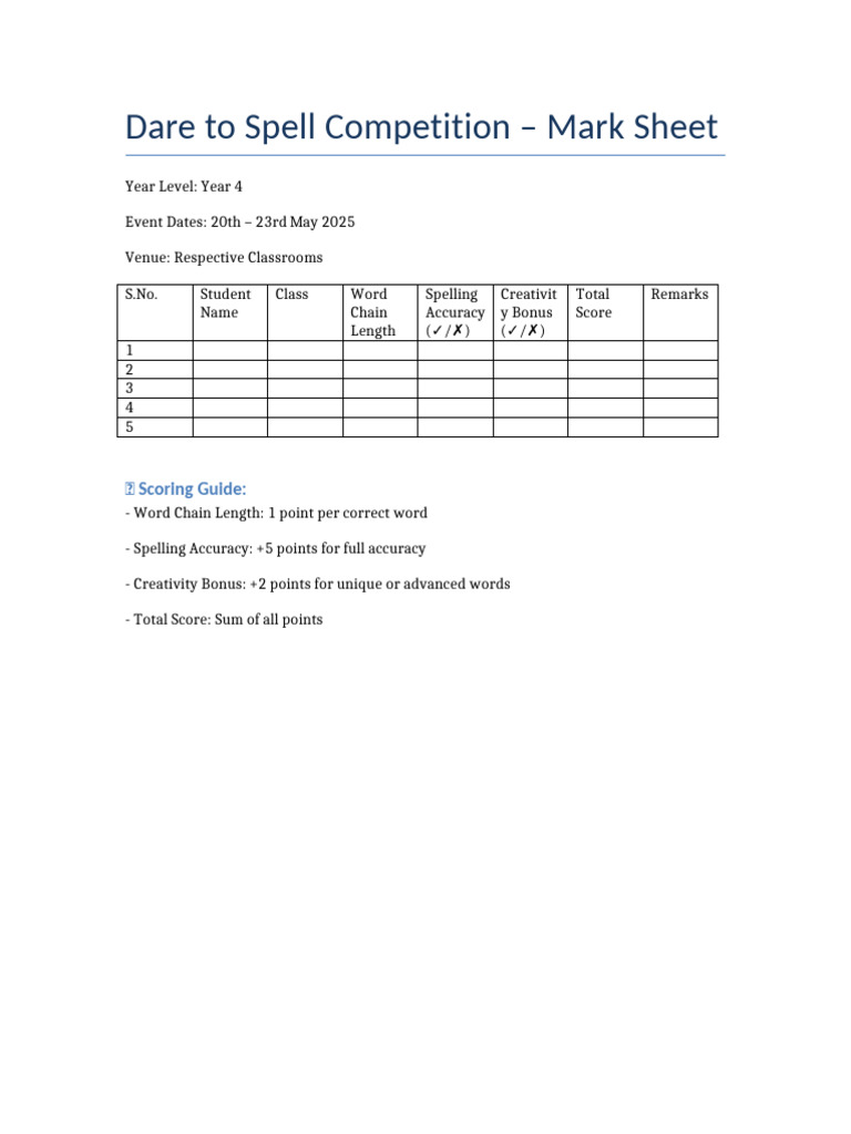 Dare To Spell Competition Mark Sheet | PDF