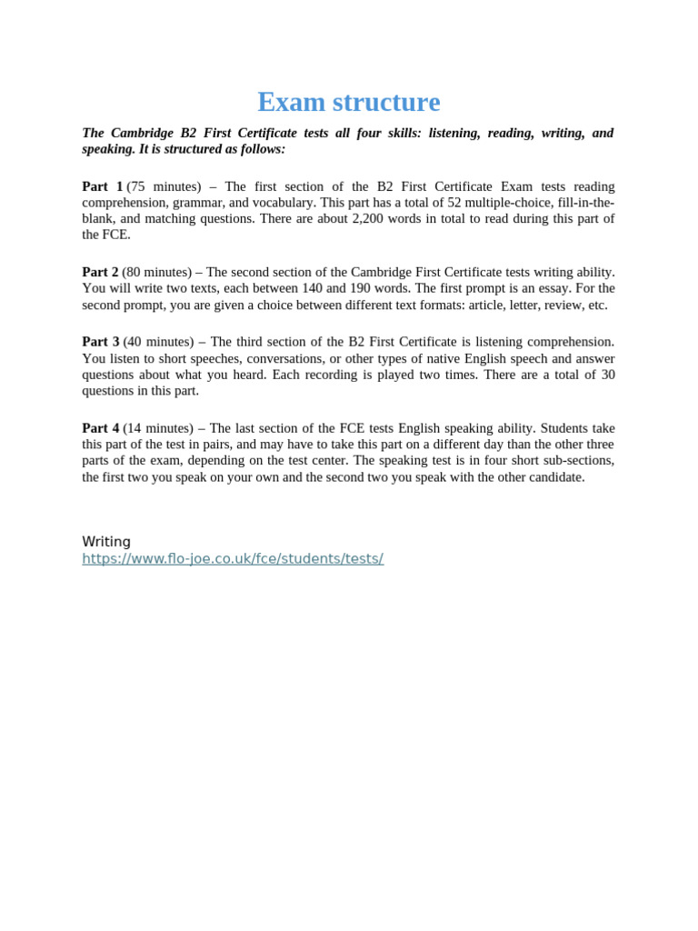 Cambridge B2 First Exam Format Overview | PDF