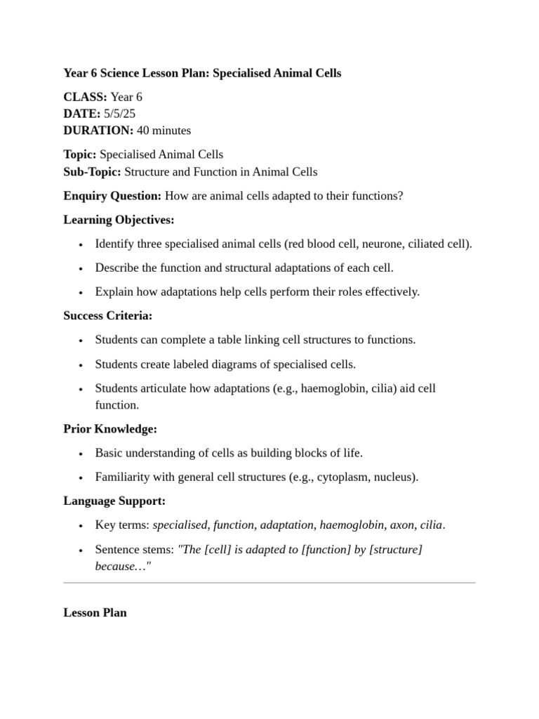 Year 6 Lesson Plan: Specialized Animal Cells | PDF | Cell (Biology ...