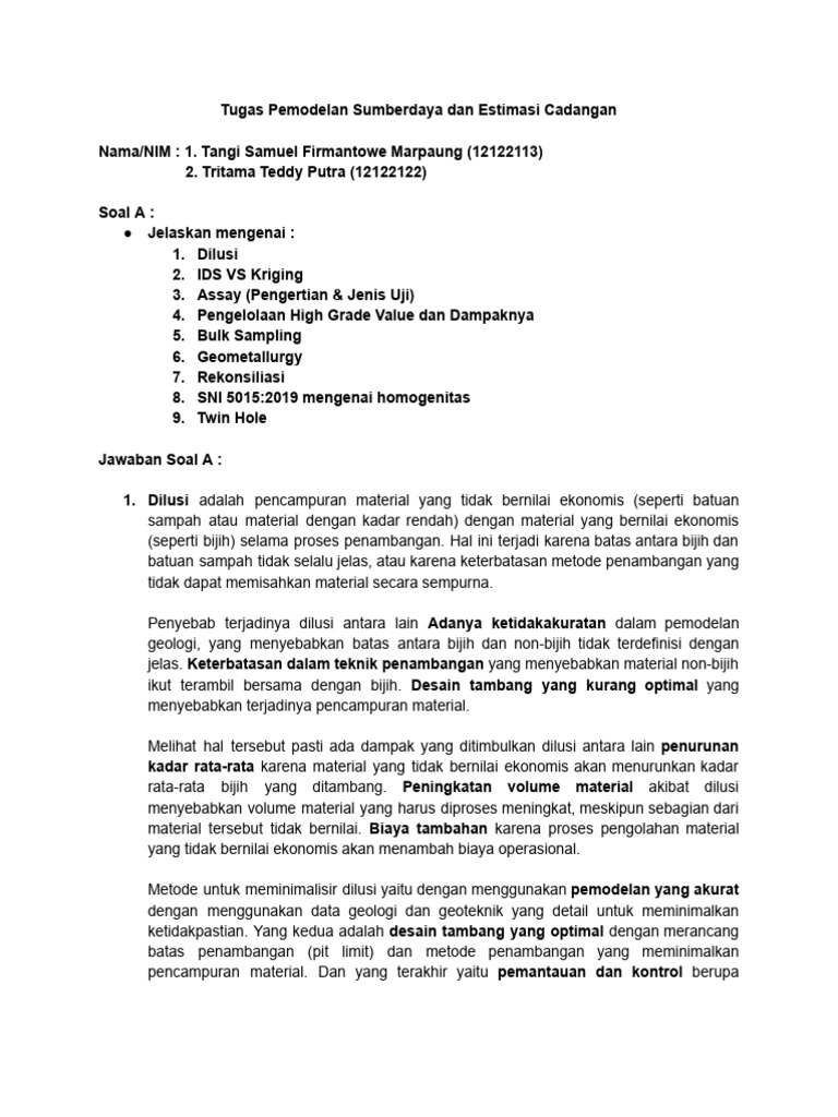 Tugas Pemodelan Sumberdaya Dan Estimasi Cadangan 12122113&12122122 | PDF