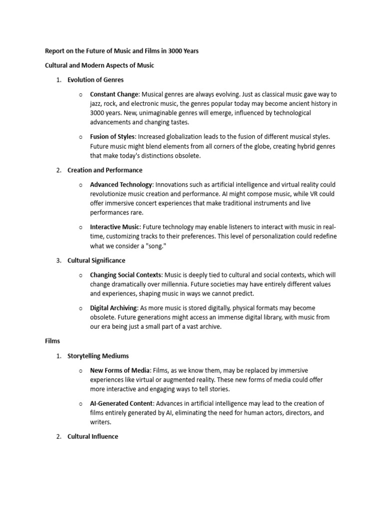 Report On The Future of Music and Films in 3000 Years | PDF | Virtual ...