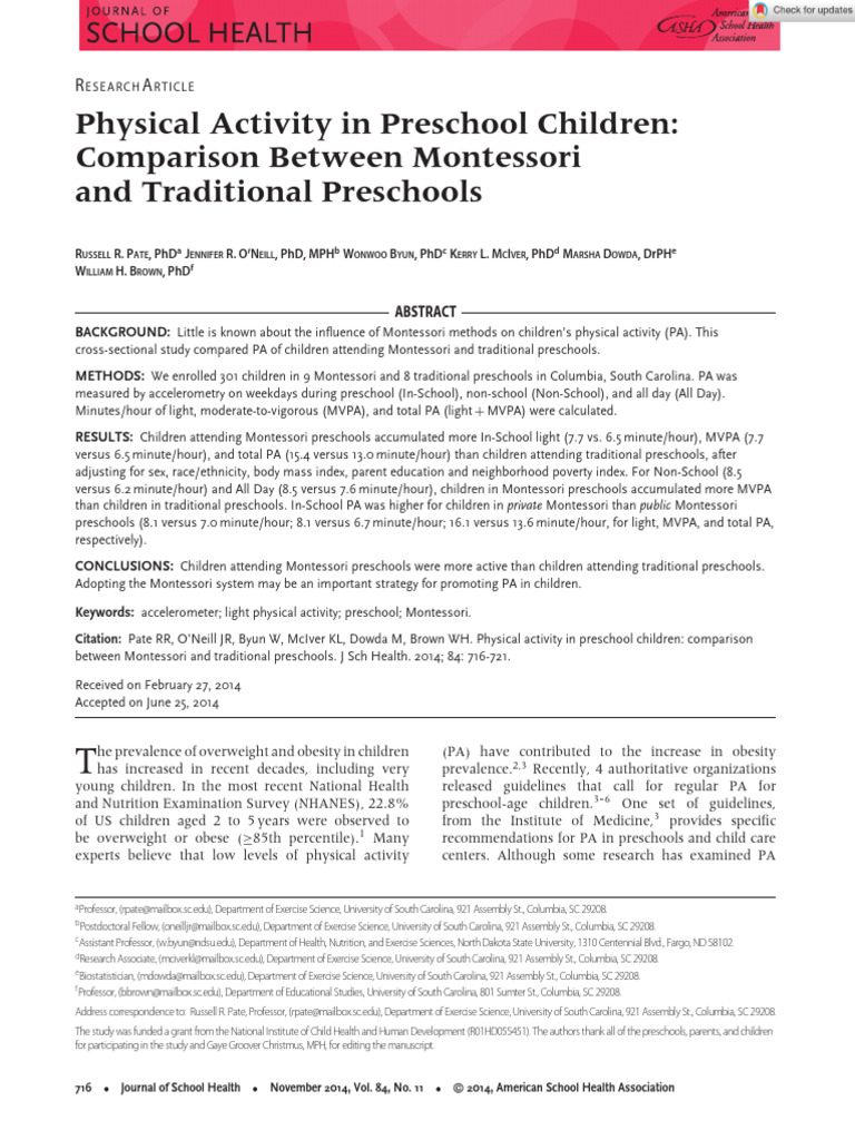 Physical Activity in Preschool Children - Comparison Between Montessori ...