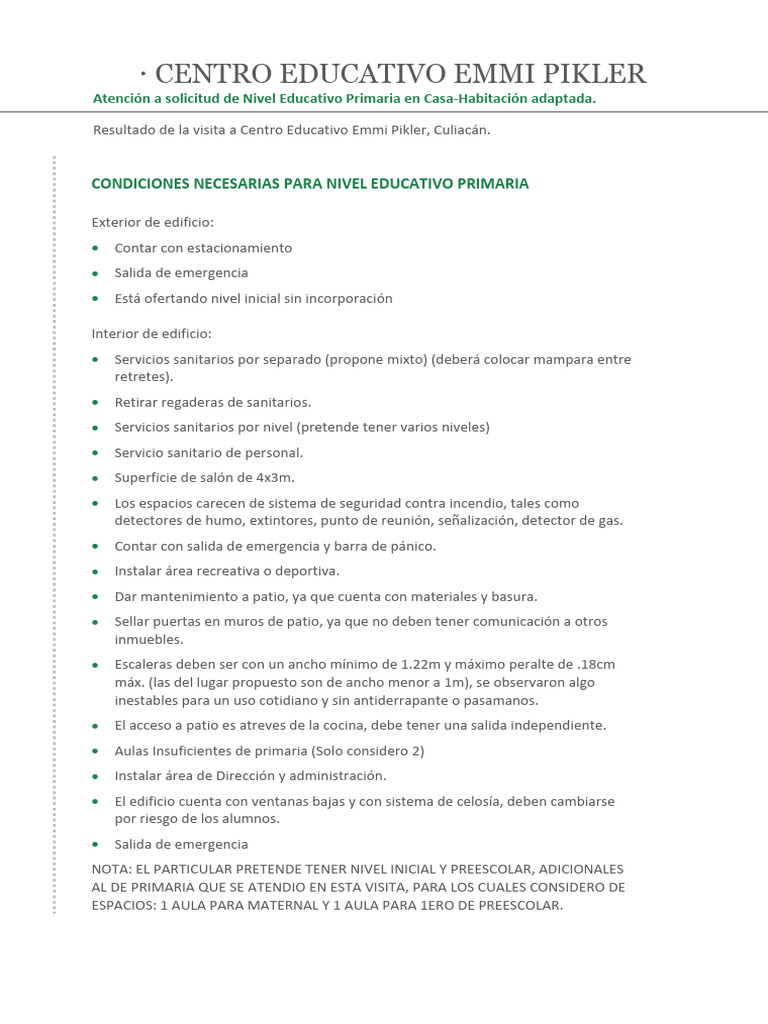 Requisitos Infraestructura Emmi Pikler | PDF