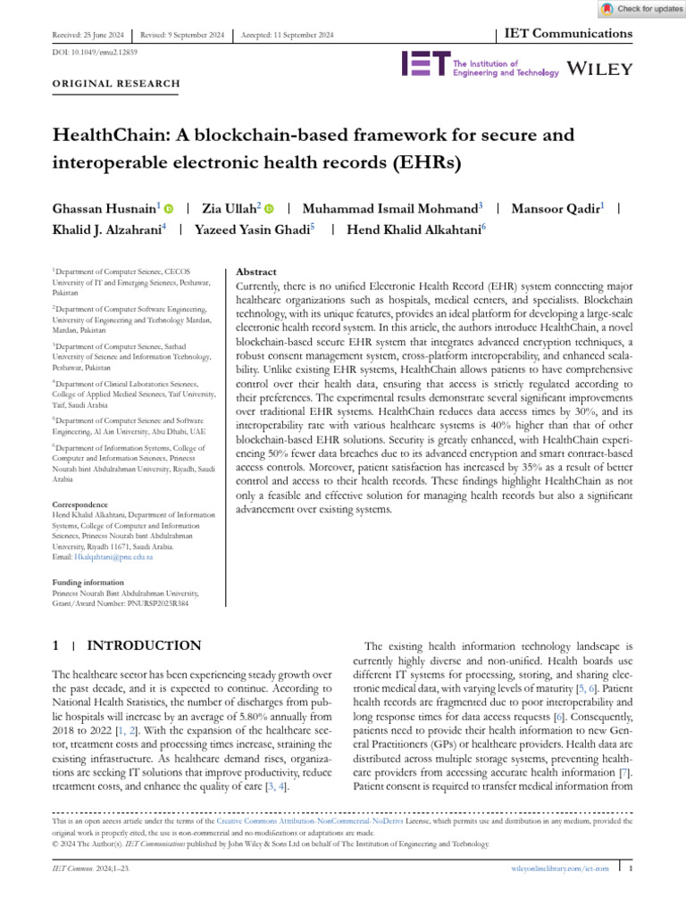IET Communications - 2024 - Husnain - HealthChain A Blockchain Based Framework For Secure and ...
