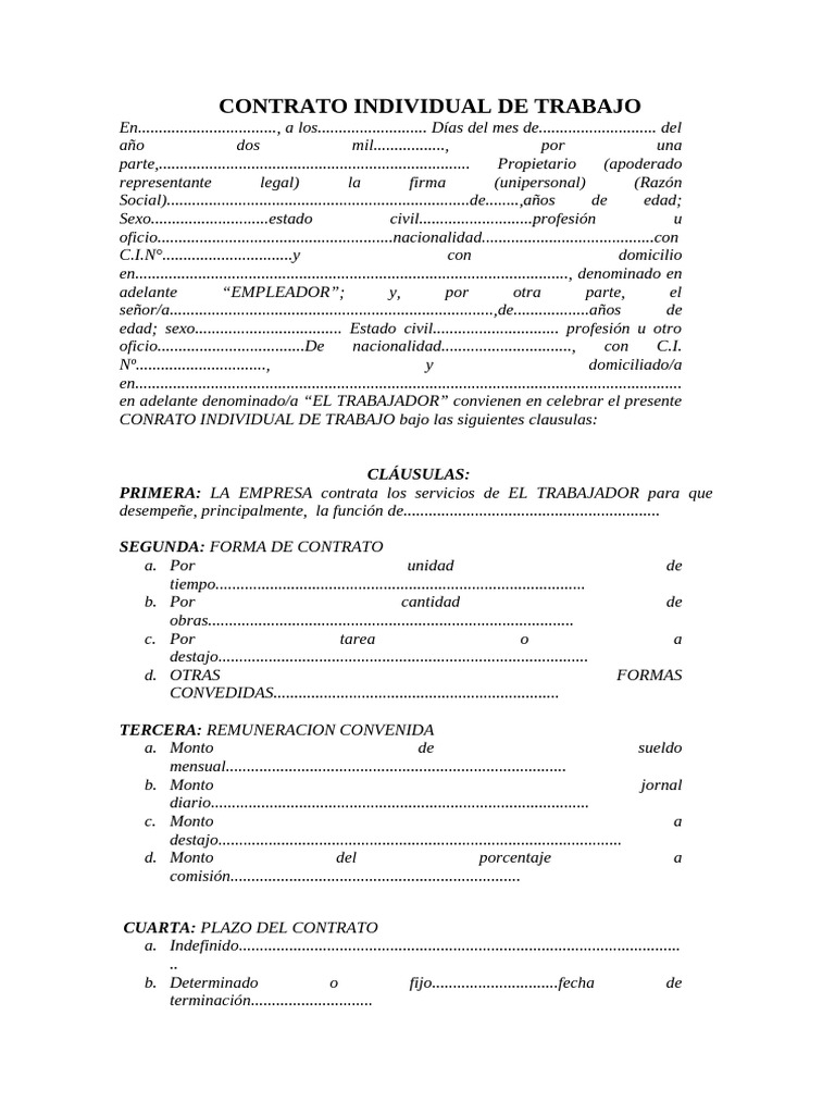 Contrato Individual de Trabajo Detallado | PDF | Salario | Labor