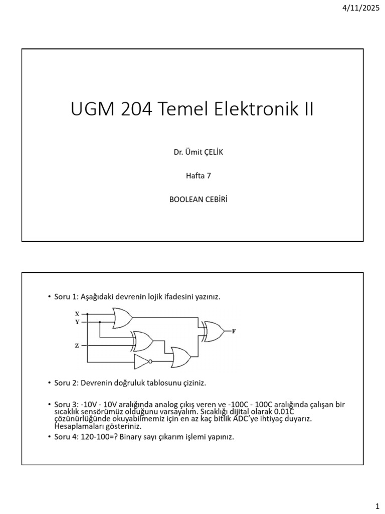 Hafta 7 Elektronik II Lojik Devreler Boolean Cebri | PDF