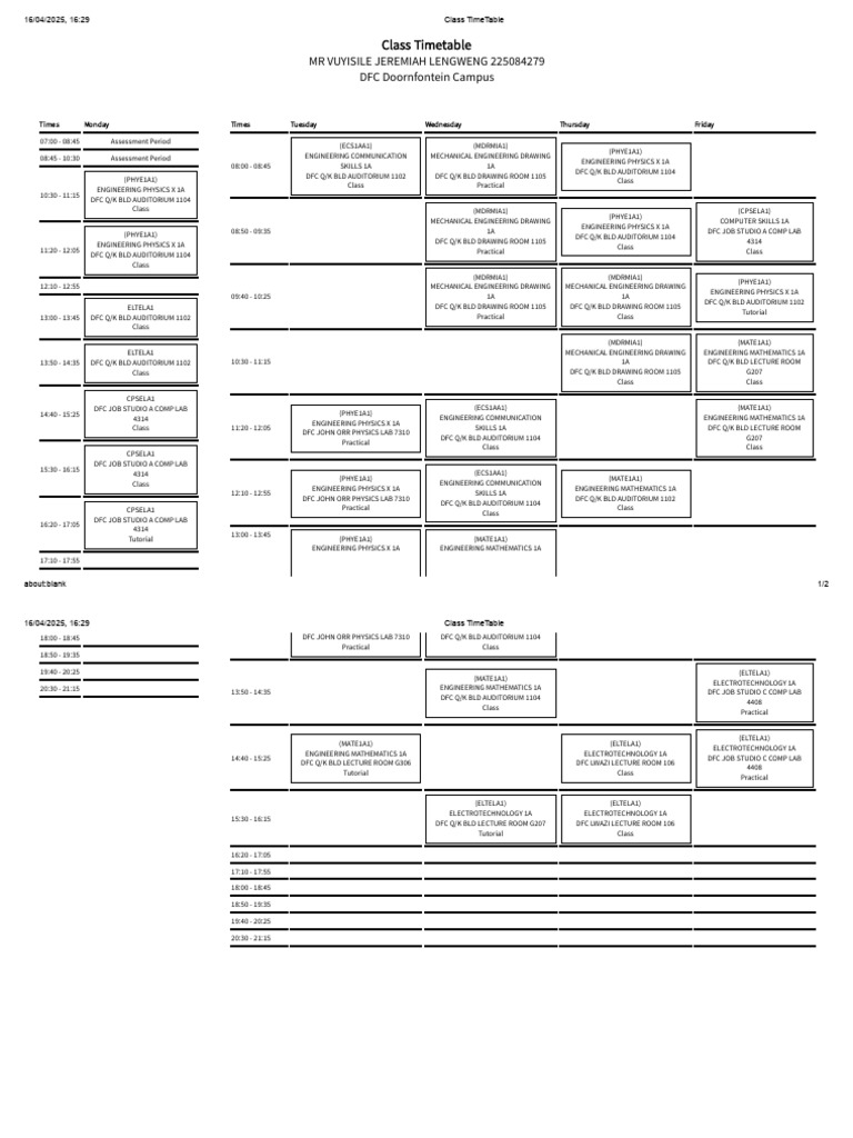 DFC Class Timetable for Engineering Courses | PDF | Science | Academic ...
