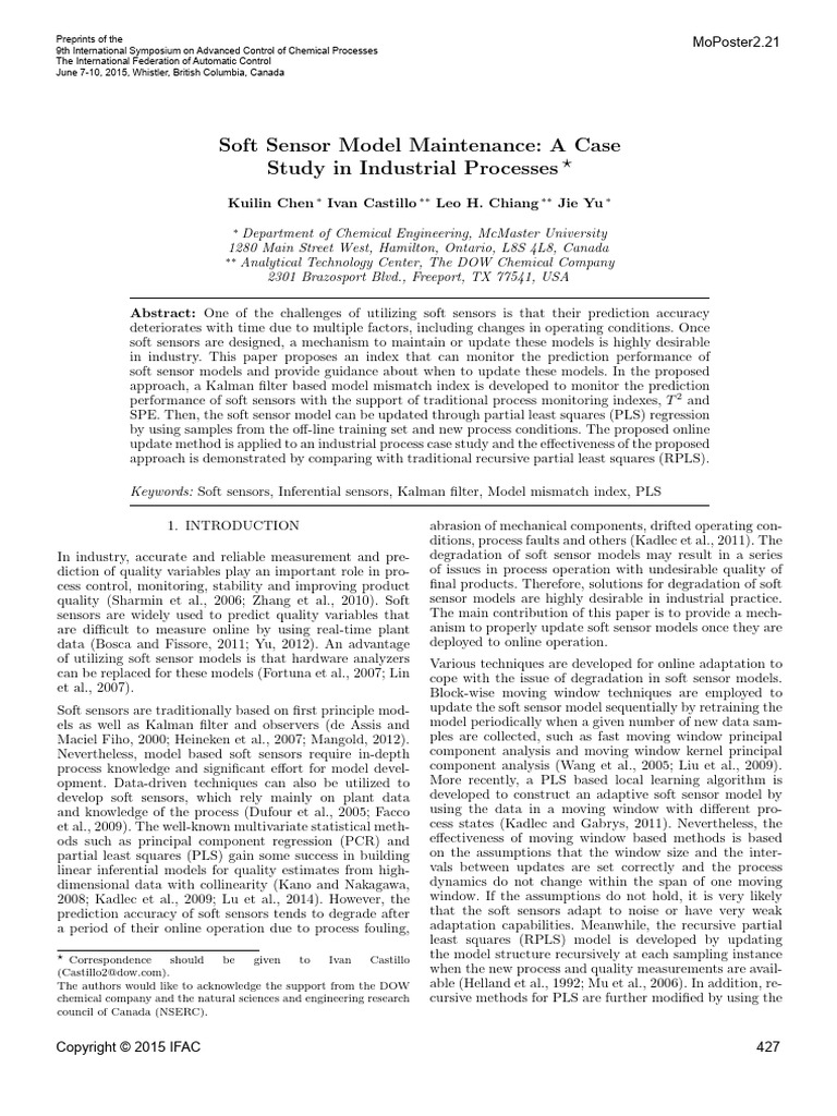 Soft Sensor Model Maintenance A Case Stu | PDF | Kalman Filter | Regression Analysis
