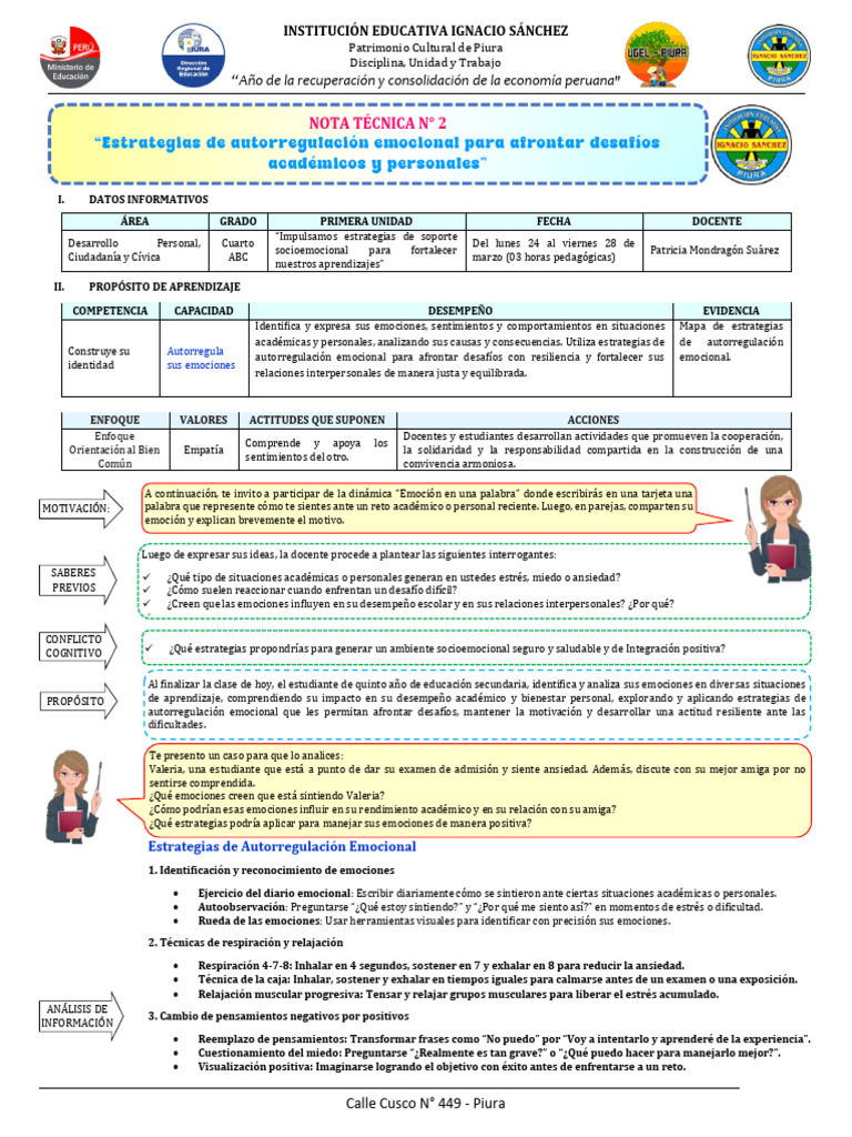Sesión 2 DPCC 4to Estrategias de Autorregulación Emocional para Fortalecer El Aprendizaje | PDF ...