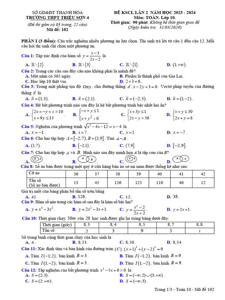 De KSCL Lan 2 Toan 10 Nam 2023 2024 Truong THPT Trieu Son 4 Thanh Hoa | PDF