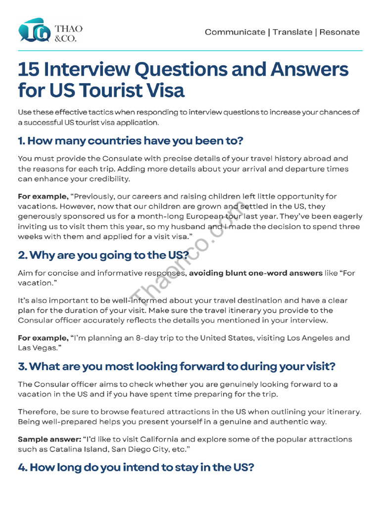 Thaonco US Tourist Visa Interview Questions and Answers PDF | PDF