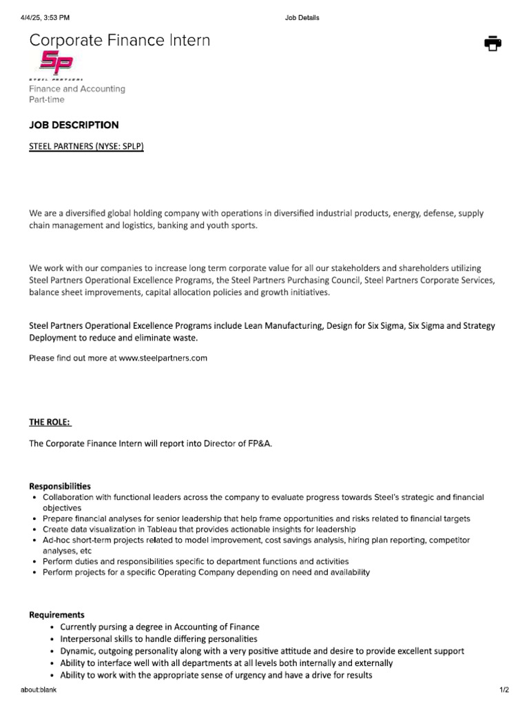 Steel Partners Corporate Finance Intern | PDF