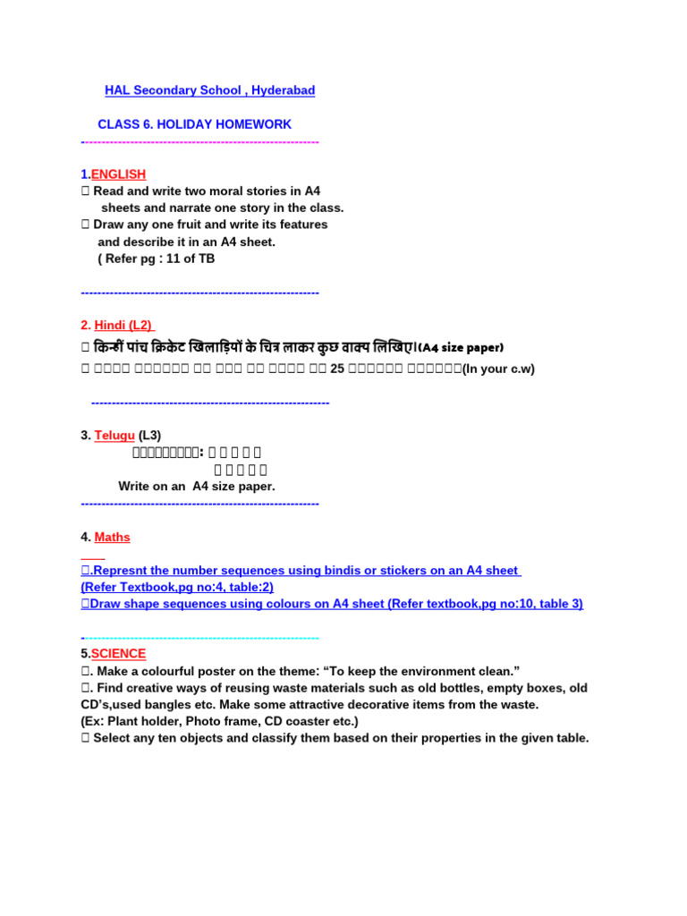 Holiday Homework Class-6 | PDF