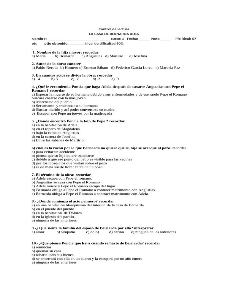 Prueba La Casa de Bernarda Alba | PDF