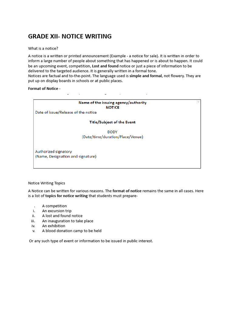 Notice Writing Sample & Qs. | PDF