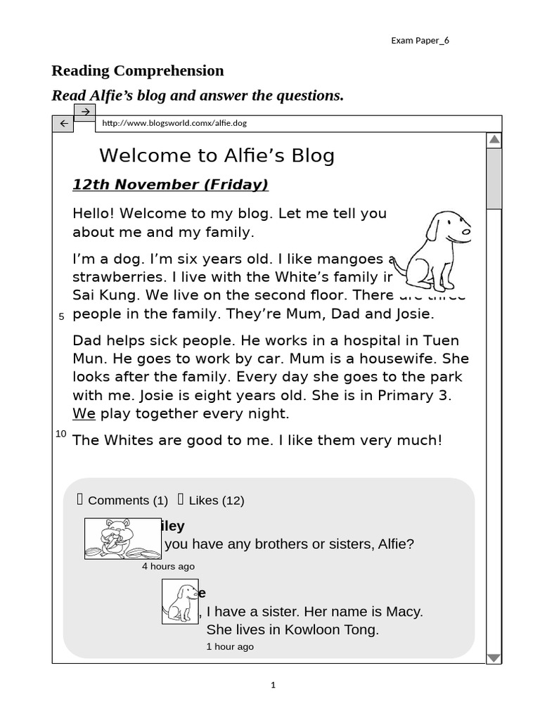 Alfie's Blog Reading Comprehension Exam | PDF