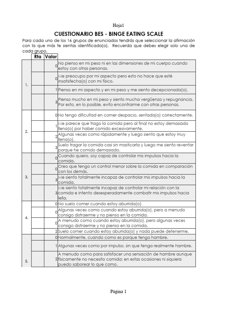Cuestionario Bes - Binge Eating Scale | PDF