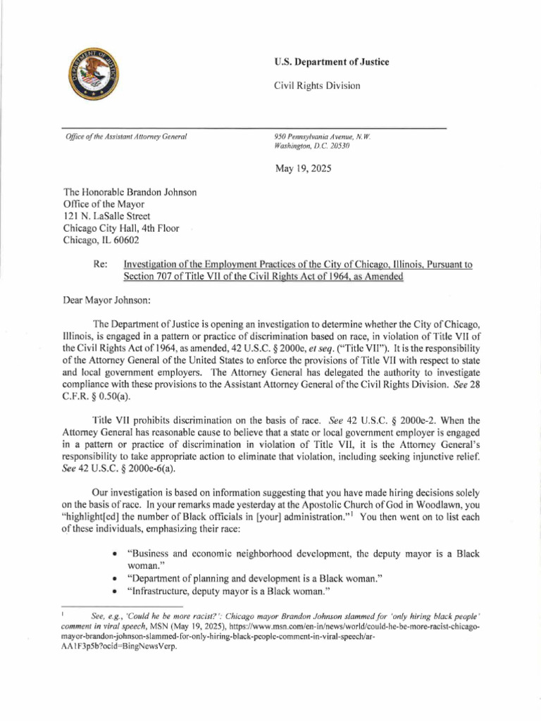 DOJ Letter To City of Chicago | PDF | Civil Rights Act Of 1964 ...