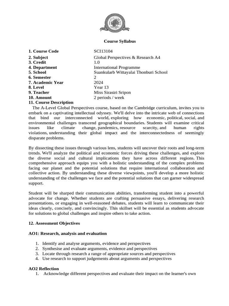 Y13 Global Perspectives Course Syllabus T2 2024 | PDF | Evaluation | Information