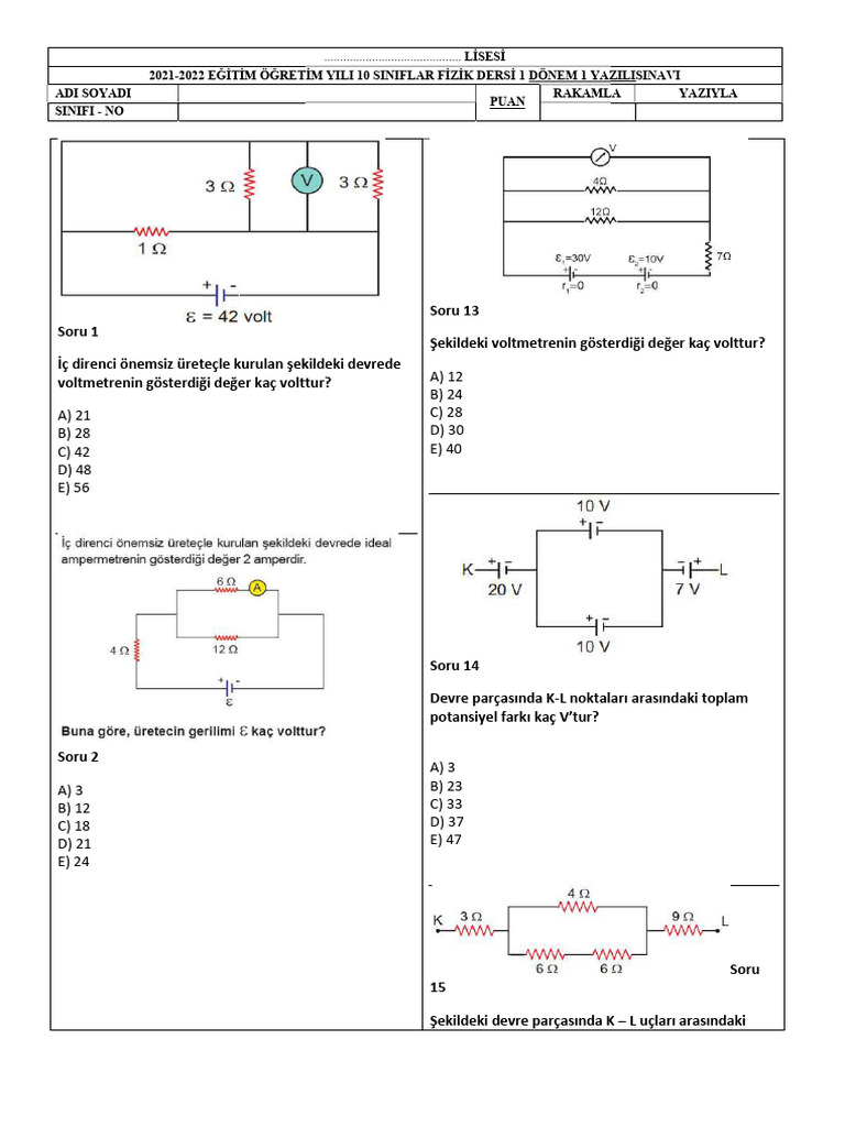 Sinif Fizik 1. Donem 1. Yazili Sinav Sorulari Ve Cevaplari 2021 2022 | PDF