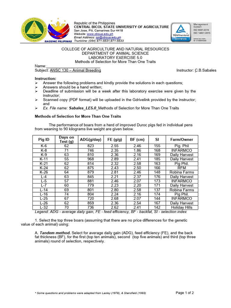 Laboratory Exercise No. 5.0 Methods of Selection For More Than One Traits | PDF | Ethnobiology ...