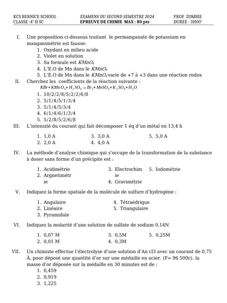 Examens de Chimie - KCS Bernice 2024 | PDF | Alcane | Tableau périodique