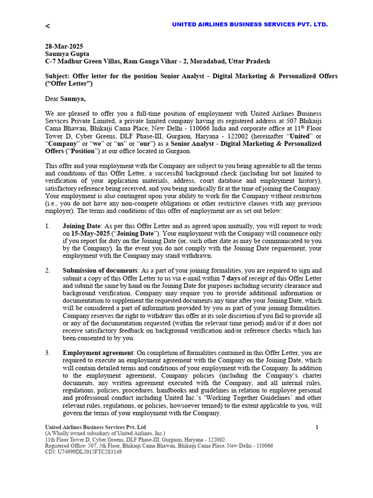 United Offer Letter - Saumya Gupta - Signed | PDF
