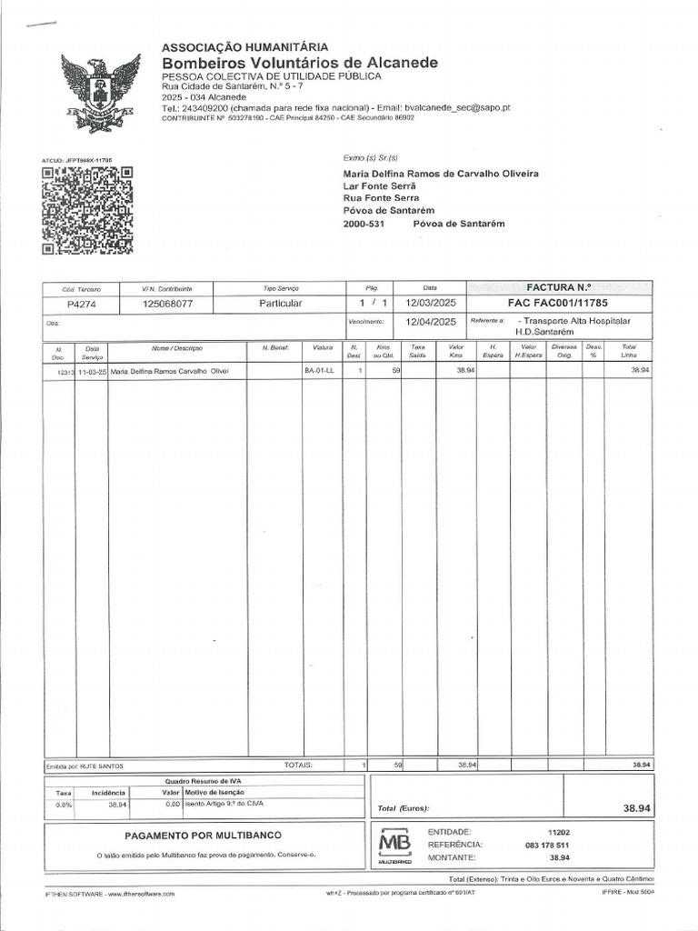 Fatura Transporte Alta Hospitalar - D. Delfina | PDF