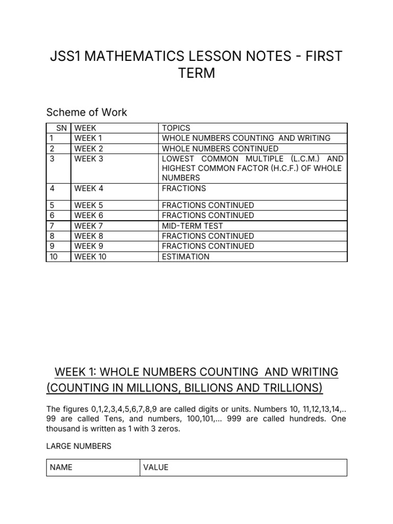 JSS1 Mathematics First Term Lesson Notes | PDF | Mathematical Concepts ...