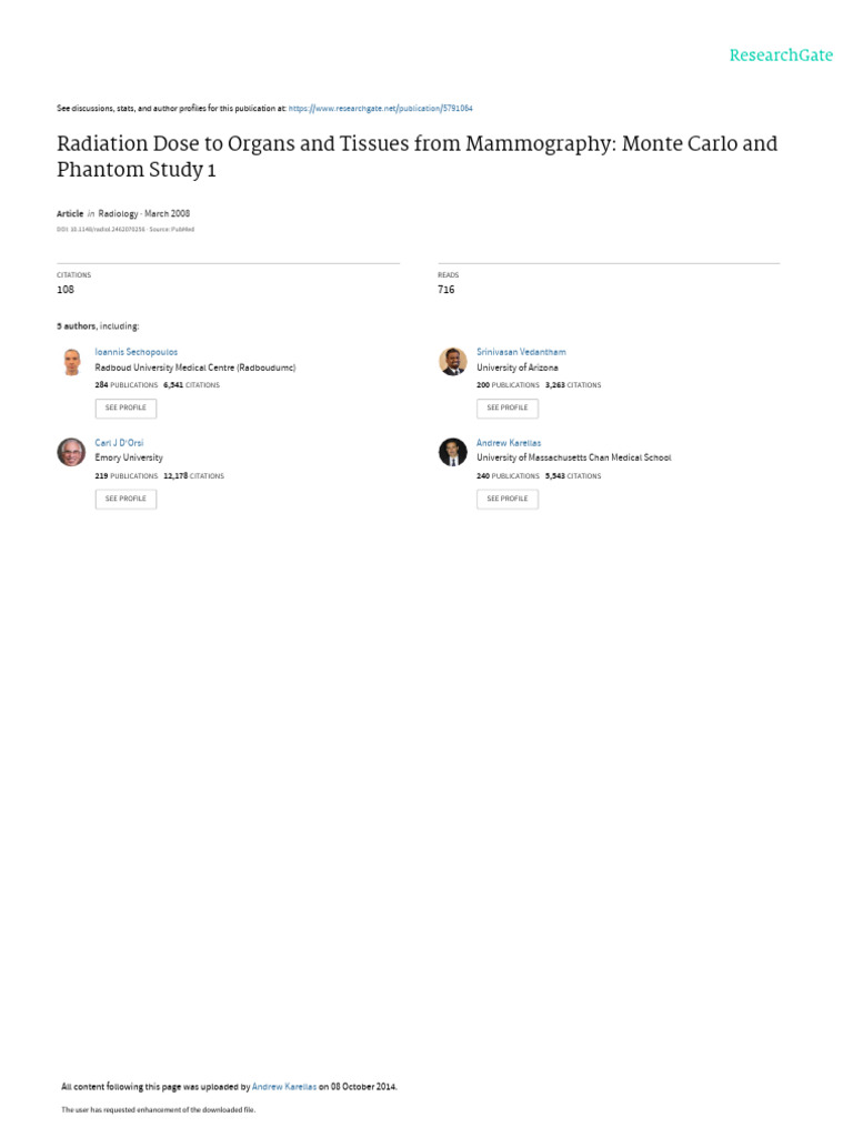 Radiation Dose To Organs and Tissues From Mammogra | PDF | Medical Physics