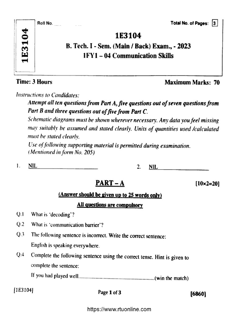Btech 1 Sem Communication Skills 1e3104 2023 | PDF