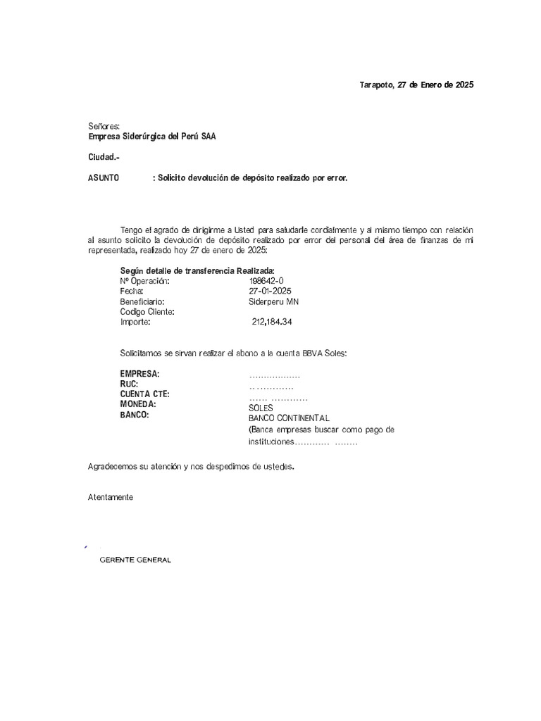 Carta Devolucion Transferencia | PDF | Bancario