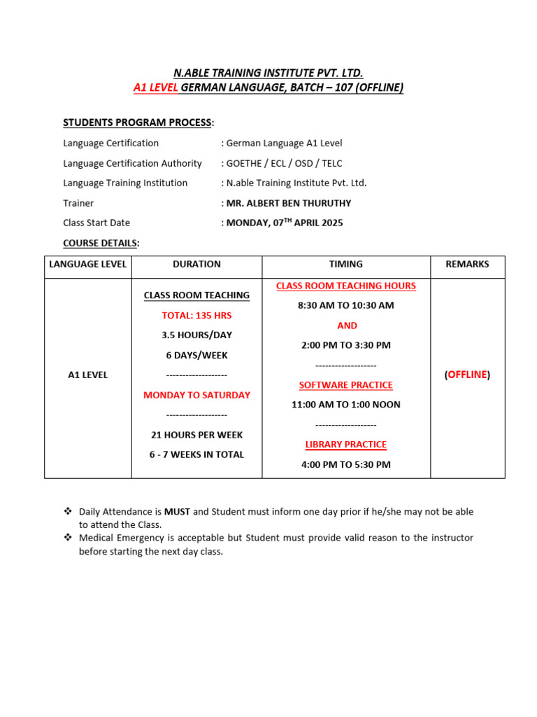 A1 Language Class Details 107-Mr. Albert Ben Thuruthy | PDF