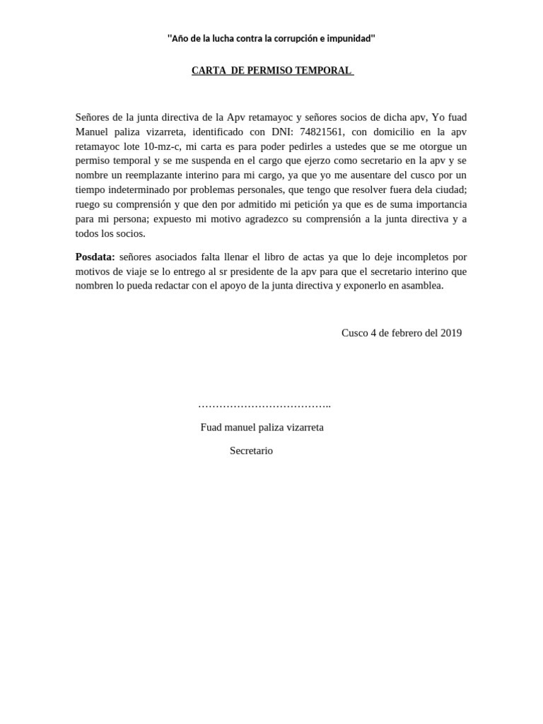 Carta de Permiso Temporal | PDF