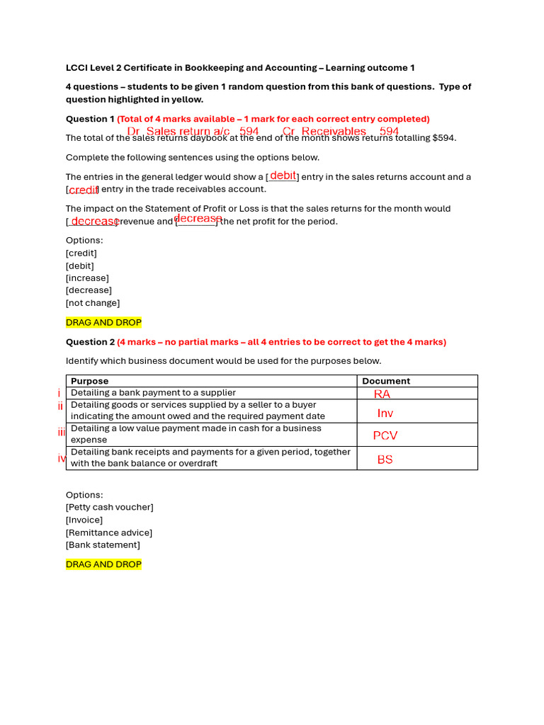 LCCI L2 BKA Revision Notes 1 (Annotated) | PDF | Debits And Credits ...